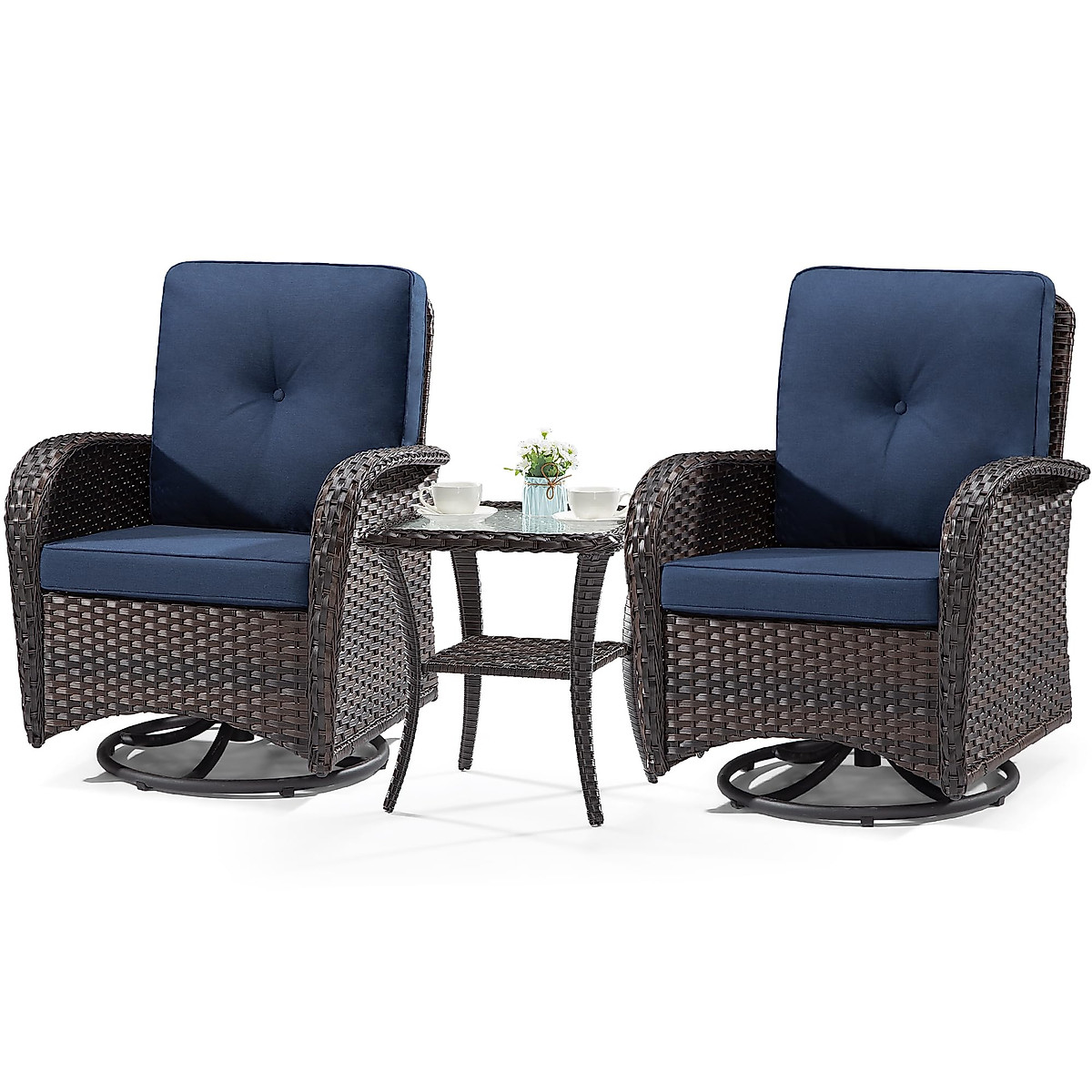 MeetLeisure Patio Swivel Glider Wicker Chairs - Outdoor Swivel Rocking Chairs Set of 2 with Wicker Side Table, Outdoor Swivel Rocker Chair Set 3 Piece Patio Furniture Set(Brown/Blue)