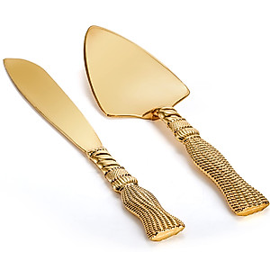 Yesland Wedding Cake Knife and Server Set of 2, Vintage Engraved Gold Cake Cutting Utensils for Wedding Bridal, Anniversary, Birthday, Christmas Gift