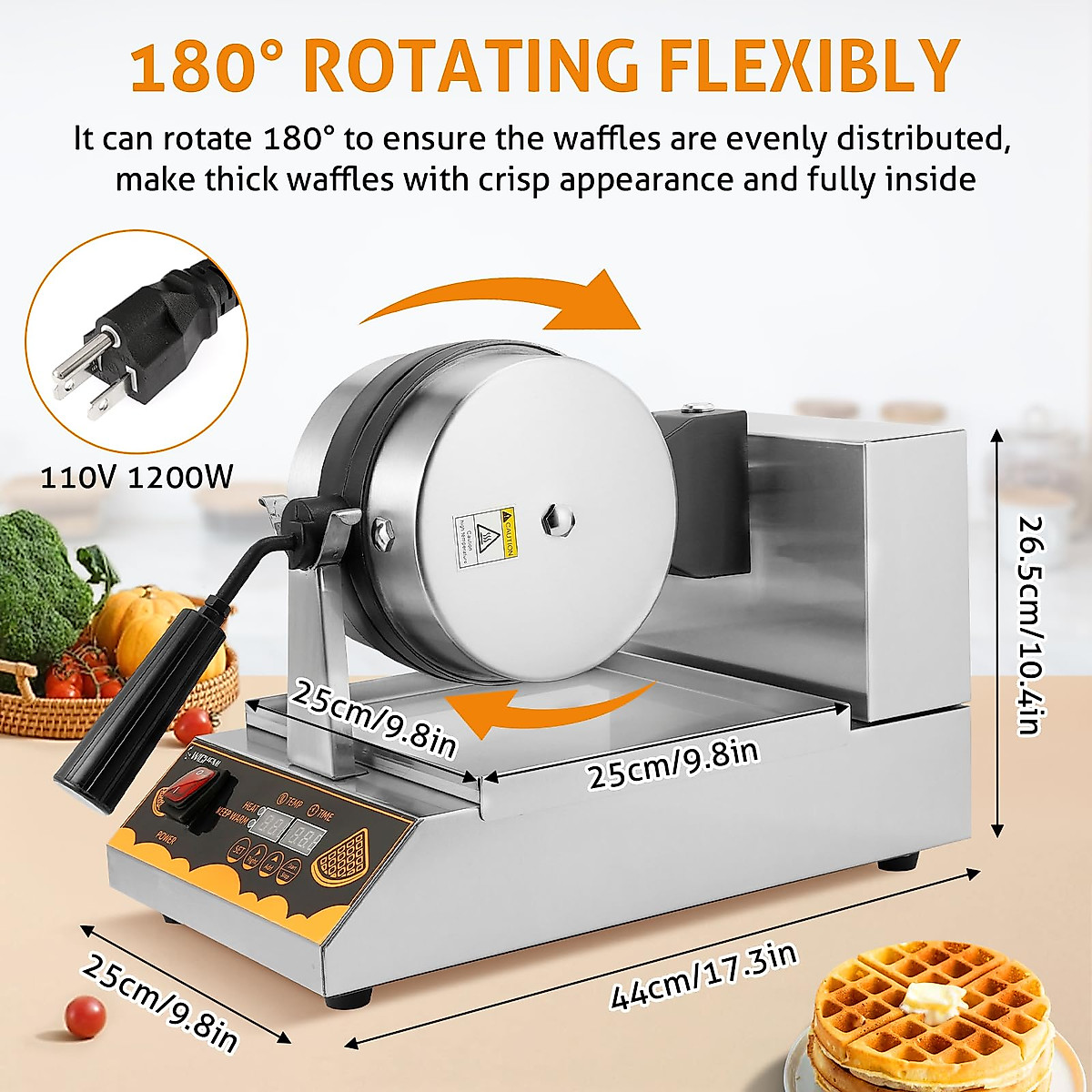 WICHEMI Belgian Waffle Maker Commercial Waffle Maker Restaurant Intelligent Flip Waffle Maker with Removable Plates 180° Rotating Non-Stick LED Digital Waffle Iron For Hotel Restaurant,110V 1200W.