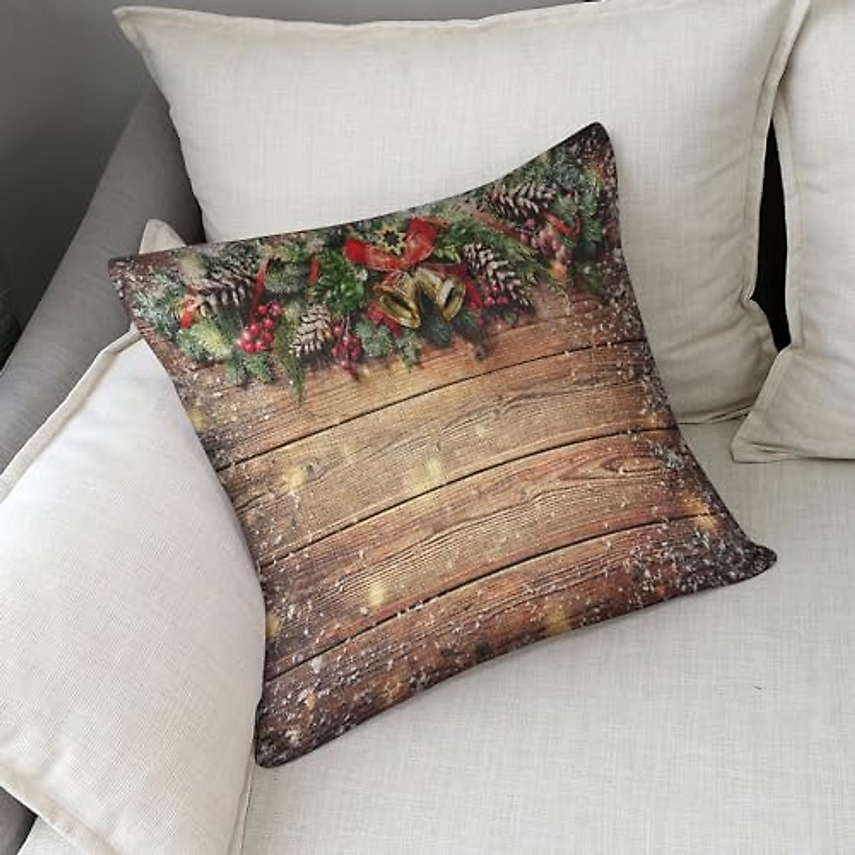 Christmas Bells Fir Tree Throw Pillow Covers 18×18 Pillowcases Set of 2 Dark Wooden Board Linen Decorative Square Pillow Case Cushion Covers Standard Size for Sofa Couch Outdoor Bed Pillow Protectors