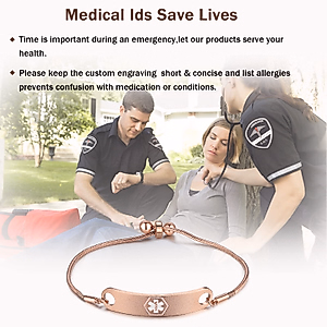 Jewelstruck Medical Alert Bracelets for Women Adjustable Emergency ID Bracelets Free Engraving Personalized Medical Bracelets for Women Custom Medical ID Bracelets for Women (Rose gold)