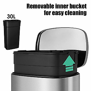 Increkid 8 Gal Trash Can, Stainless Steel Garbage Can with Lid, Step-on Rubbish Bin for Kitchen w/Removable Plastic Inner Bucket, Metal Pedal, Dustbin for Bedroom Livingroom Home Office (Silver)