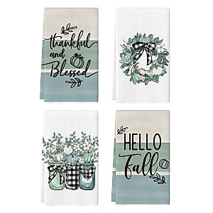 Artoid Mode Eucalyptus Leaves Buffalo Plaid Pumpkin Hello Fall Kitchen Towels Dish Towels, 18x26 Inch Vase Decoration Hand Towels Set of 4