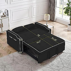 3 in 1 Convertible Pull Out Sleeper Sofa Bed,Multi-Functional Adjustable Loveseat Futon Sofá Chair with USB Ports and Cup Holders,Velvet Upholstered Small Love Seat Lounge Recliner 2-Seat Couch