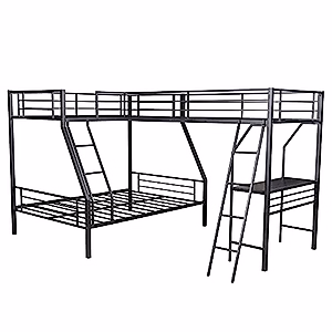 JJRY L-Shaped Metal Twin Over Full Bunk Bed with A Twin Size Loft Bed Attached A Desk and Two Inclined Ladders, Black