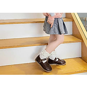 Gwenvenni Toddler Girls Double Ruffle Lace Trim Cotton Socks Frilly Dress Socks 5-Pack, Age 3-5T