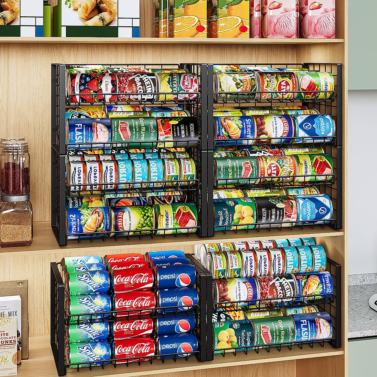JKsmart 4-Tier Stackable Can Rack Organizer for Pantry, Adjustable Can Dispenser Holds Up to 62 Cans, Can Storage Holder for Various Ounces of Canned Food Soda Drinks, Black