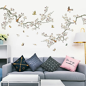 Green Leaf Branch Wall Decals White Flowers Wall Stickers DIY Removable Butterflies and Birds Wall Sticker Art Home Decoration for Kids Baby Girls Bedroom Classroom Offices Nursery TV Sofa Background (B)