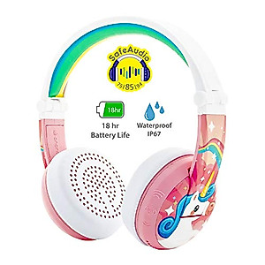ONANOFF BuddyPhones Wave, Waterproof Wireless Bluetooth Volume-Limiting Kids Headphones, 18-Hour Battery Life, 4 Volume Settings, Built-in Microphone, Includes Backup Cable for Sharing, Unicorn Pink