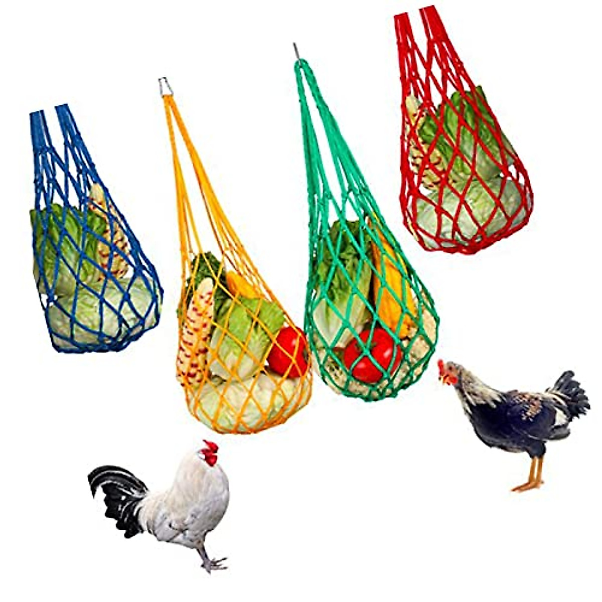 Camidy 4 Pack Chicken Feeding String Bag, Hanging Vegetable Cabbage Feeding Net Bags Snack Treat Feeding Holder Bag with Hook for Chickens Goose Duck Large Birds