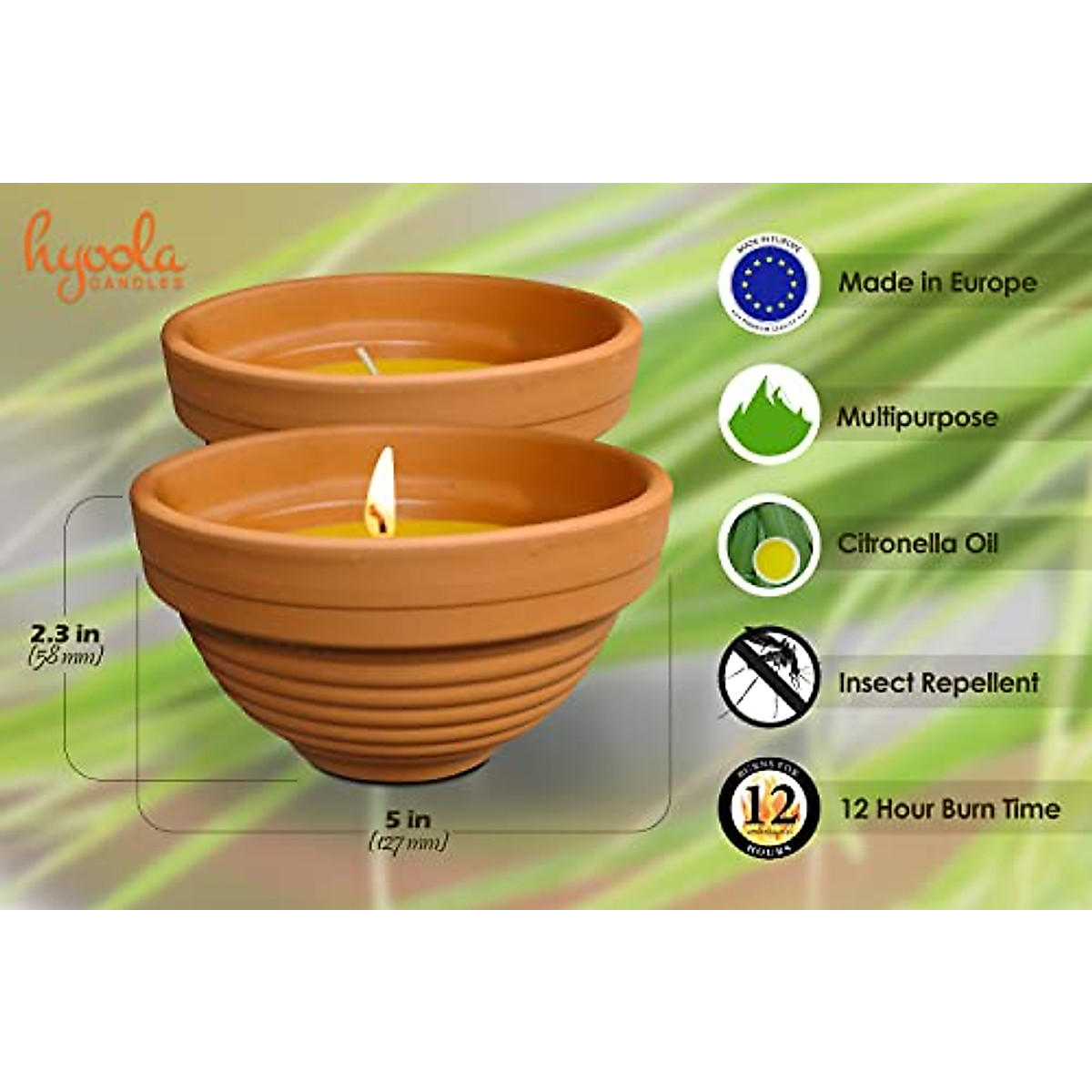 HYOOLA Citronella Candles in Terra Cotta Bowl - 2 Pack - 12 Hour - Large Flame, Insect and Mosquito Repellent Effect, European Made