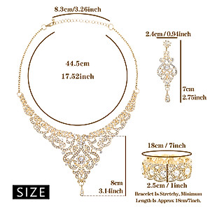 Oriamour Gold Prom Jewelry Wedding Jewelry Set Bridal Necklace Rhinestone Earrings Bracelets (Gold)