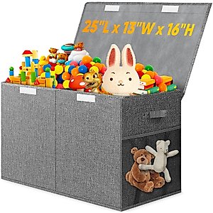 Large Toy Box, Collapsible Storage Bins with Lids, Toy Storage Organizer Toddler Bin Boxes for Kids, Boys, Girls, 25"x13"x16"Toy Chest Bin Box Baskets for Nursery, Living Room, Playroom, Bedroom, Gray