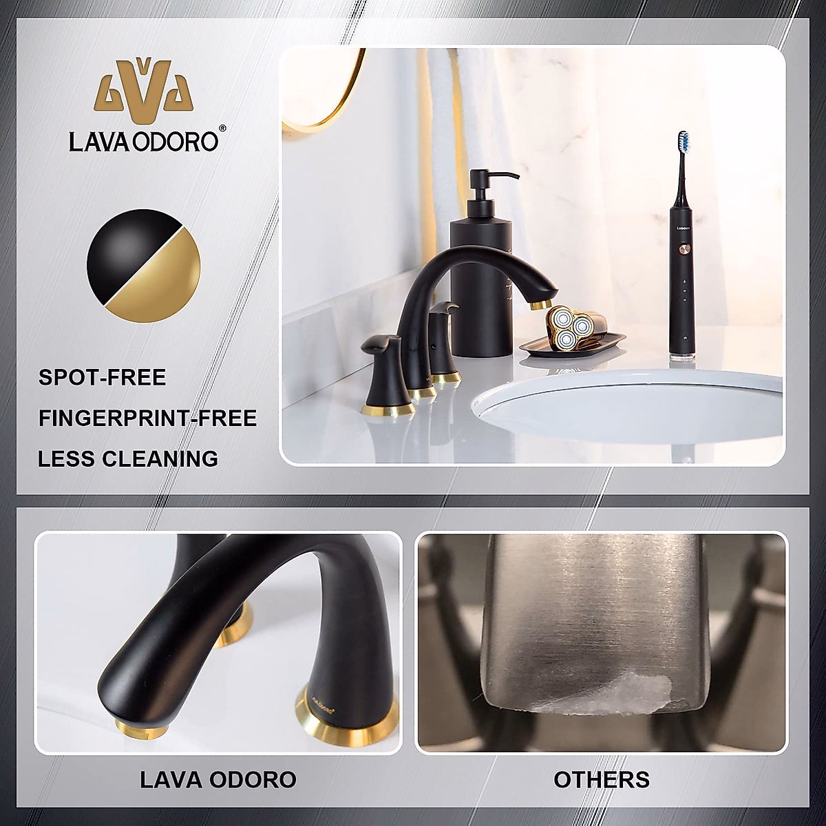 Black and Gold Bathroom Faucet 3 Hole, Lava Odoro 8 inch Widespread Bathroom Faucet 2 Handle Bathroom Sink Faucet Vanity Faucet with Drain Assembly Supply Line, BF405-GB