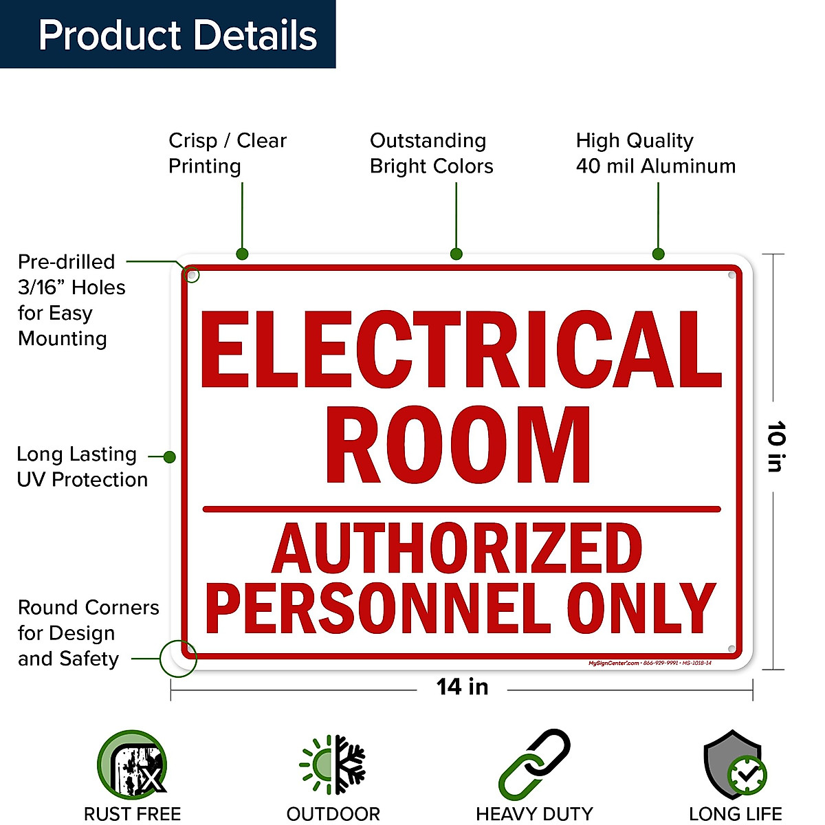 Electrical Room Authorized Personnel Only Sign, 10x14 Inches, Rust Free .040 Aluminum, Fade Resistant, Made in USA by My Sign Center