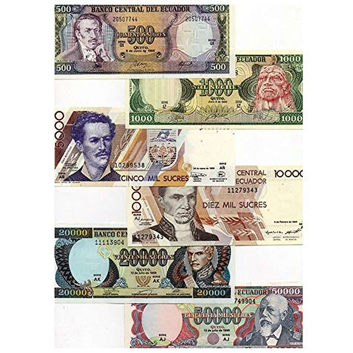EC 1988 ECUADOR FLAWLESS 1988-99 COMPLETE DENOMINATION SET! 11 DIFF SCARCE BANKNOTES!! Gem Crisp Uncirculated