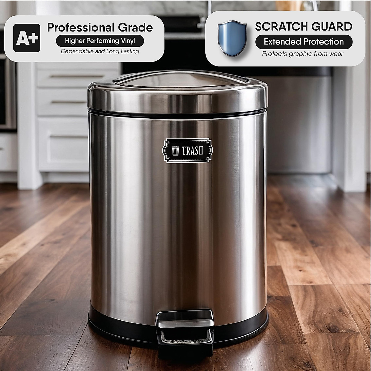 Recycle and Trash Stickers for Trash Cans - Black Premium Vinyl Recycling Bin Labels – 4 Pack - 4.75" by 2.25" Decals Logo - Waste Signs for Home Kitchen or Office Bins Indoor/Outdoor Use