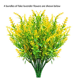 AUMVEYI 4 Bundles Artificial Lavender Mums Flowers Outdoor Fake Plants UV Resistant Faux Greenery Plastic Bouquet Bulk Decoration for Home Outside Garden Porch Hanging Planter Farmhouse Decor (Yellow)