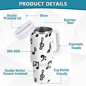 Blueangle 30 oz Music Notes Icon Tumbler with Handle and Straw Lid, Insulated Cup Reusable Stainless Steel Water Bottle Travel Mug（591）