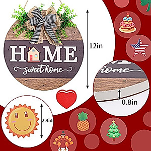 Interchangeable Welcome Sign for Front Door with 14 Changeable Icons, Farmhouse Front Porch Decor Rustic Wooden Wall Sign with 12 LED Lights, Outdoor Seasonal Welcome Home Decorations (Wood home1)