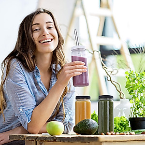 [ 8 Pack ] Glass Juicing Bottles with 2 Straws & 2 Lids w Hole- 16 OZ Travel Drinking Jars, Water Cups with Black Airtight Lids, Reusable Tall Mason Jar for Juice, Boba, Smoothie, Tea, Kombucha