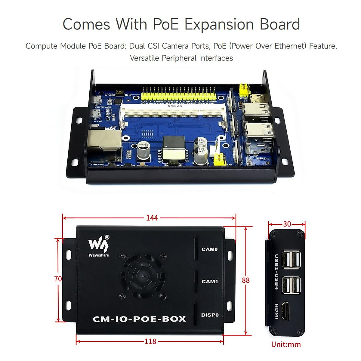 waveshare Mini-Computer Add-ons Based on Raspberry Pi Compute Module CM4S / CM3 / CM3L / CM3+ / CM3+L Comes with PoE Expansion Board