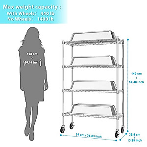 Auslar 4-Shelf Storage Shelves with Casters Heavy Duty 4 Tiers Rolling Cart Utility Racks Adjustable Wire Metal Shelving, Chrome
