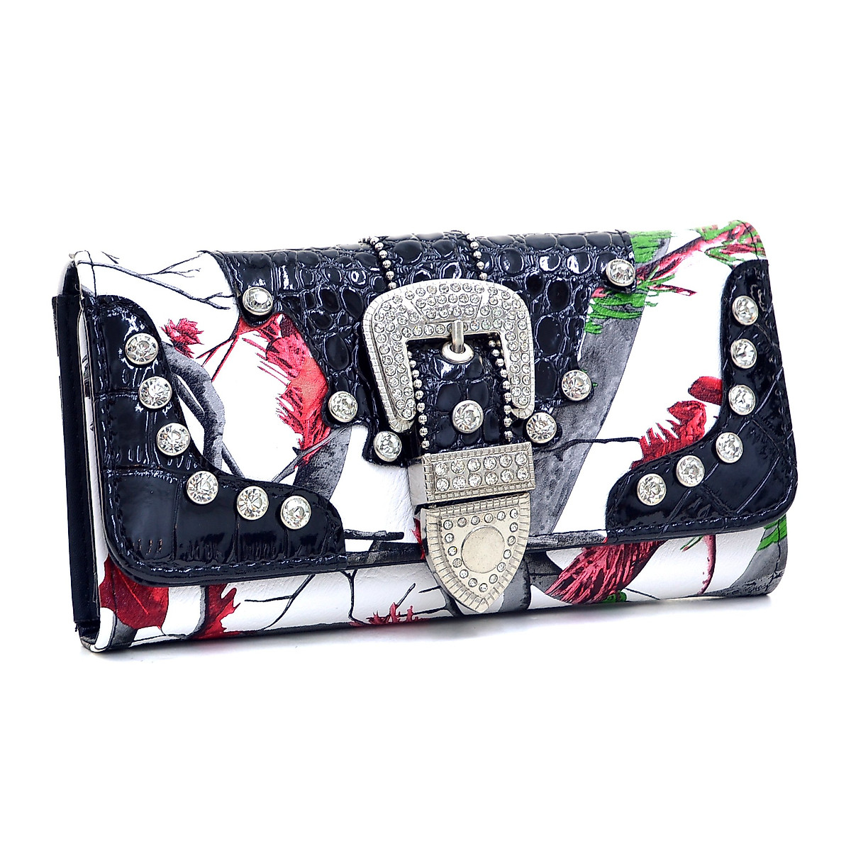 Western Purse Rhinestone Buckle Accent Handbag & Matching Wallet Set - Red/Black/White