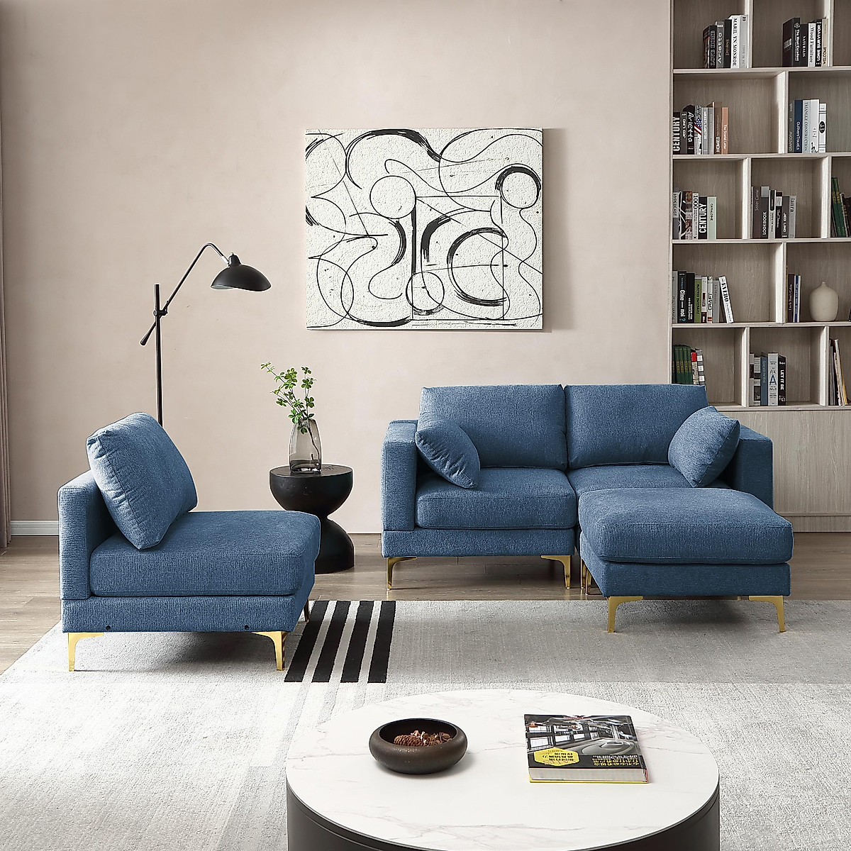 KoiHome 92.9" Convertible Sectional Sofa Couch with Seat Cushion, Modern Leisure L-Shape Couch with 2 Pillows, 4-Seater Sofa Chaise with Metal Legs for Living Room,Bedroom,Office, Polyester, Blue