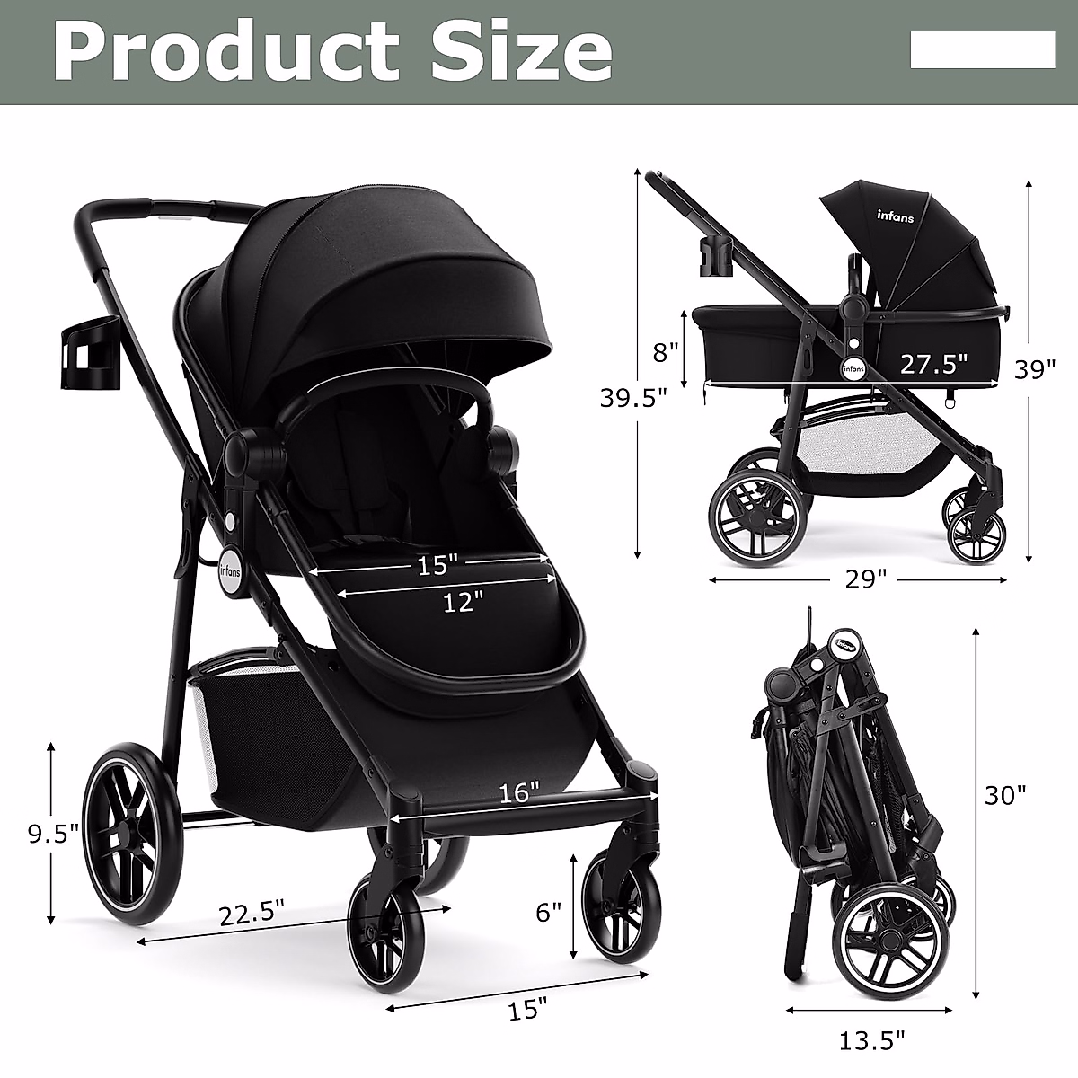 INFANS 2 in 1 Baby Stroller, High Landscape Infant Stroller & Reversible Bassinet Pram, Foldable Pushchair with Adjustable Canopy, Storage Basket, Cup Holder, Suspension Wheels (Black)