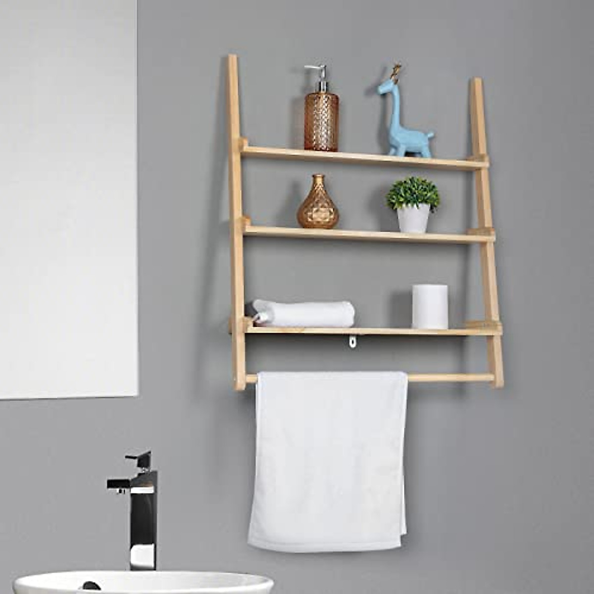 Bloddream Carson 3-Tier Storage Display Shelf, Leaning Solid Wood Storage Rack, Floating Shelf with Towel Bar for Bathroom, Natural Pine Wood