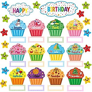64 Pcs Happy Birthday Bulletin Board Set Bright Cupcake Cut-Outs for Calendars Classroom Decoration