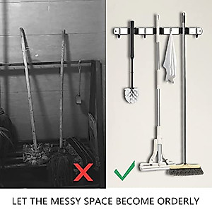 Kozci 2 Pack Mop and Broom Holder Wall Mount, Anti-Slip Broom Organizer Wall Mount Self Adhesive Broom Hanger, Stainless Steel Tools Rack Mop Storage Organizer for Kitchen Garden Garage(3 Racks 4Hook)