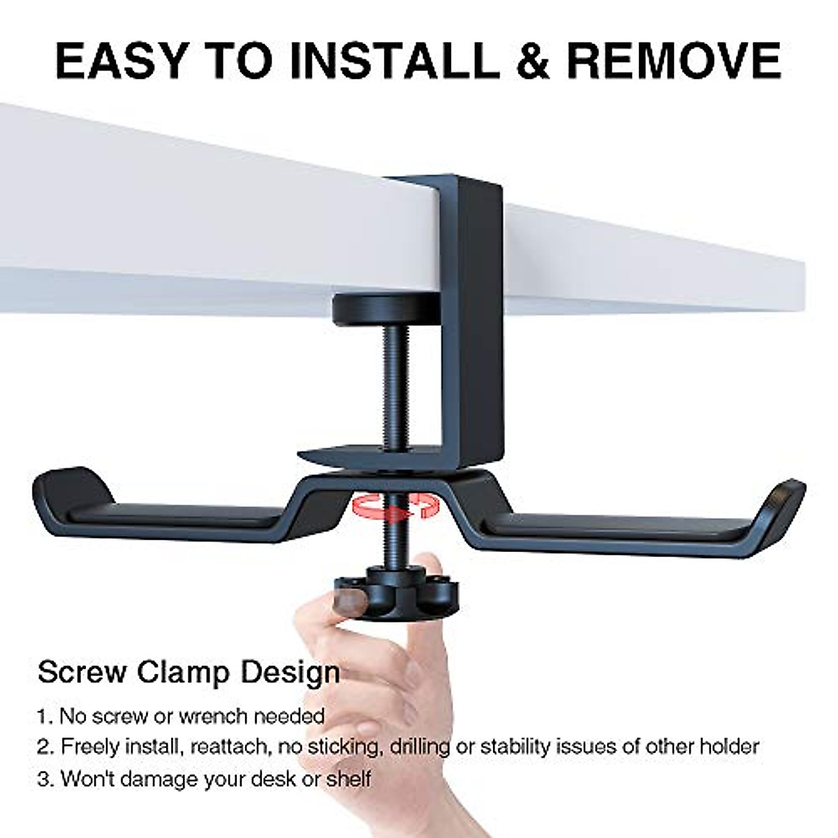 Dual Headphone Stand Hanger Under Desk, APPHOME 360 Degree Rotating PC Gaming Headset Holder Aluminum Clamp Hook Space Save Mount, Universal Fit All Headphones, Black