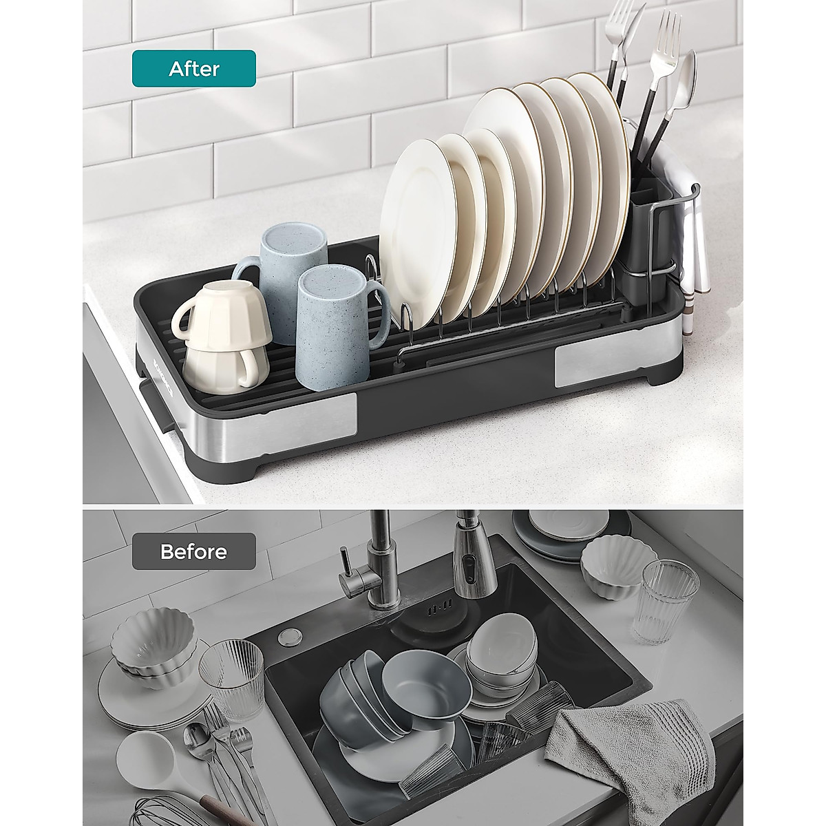 SONGMICS Small Dish Drying Rack, Dish Dryer for Kitchen Counter, Stainless Steel Dish Rack with Drain, Utensil Holder, Rustproof, for Dishes, Knives, Spoons, Forks, Silver and Black UKCS034B01