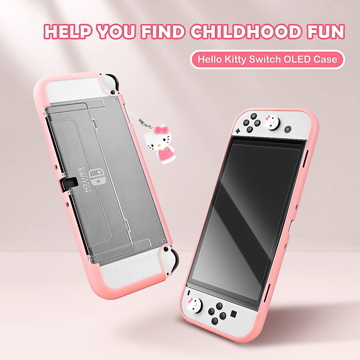 DLseego Clear and Pink Switch OLED Protective Case Scratch Resistant Cover Shell with Kitty Cat Thumb Grips Caps and Charm