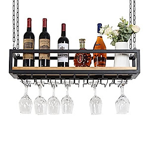 RZGY Hanging Wine Rack with Glass Holder and Shelf, Ceiling Mounted Wine Rack Adjustable Industrial Hanging Wine Bottle Holder, 39in Metal Iron Wine Shelf Black