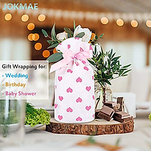 Valentines Day Treat Bags Candy Goodie Party Supplies - 50 Packs Pink Heart Drawstring Plastic Wrap, Chocolate Biscuit Cookie Cellophane Package, Gift Idea for Wedding Baby Shower Kids Girl Christmas