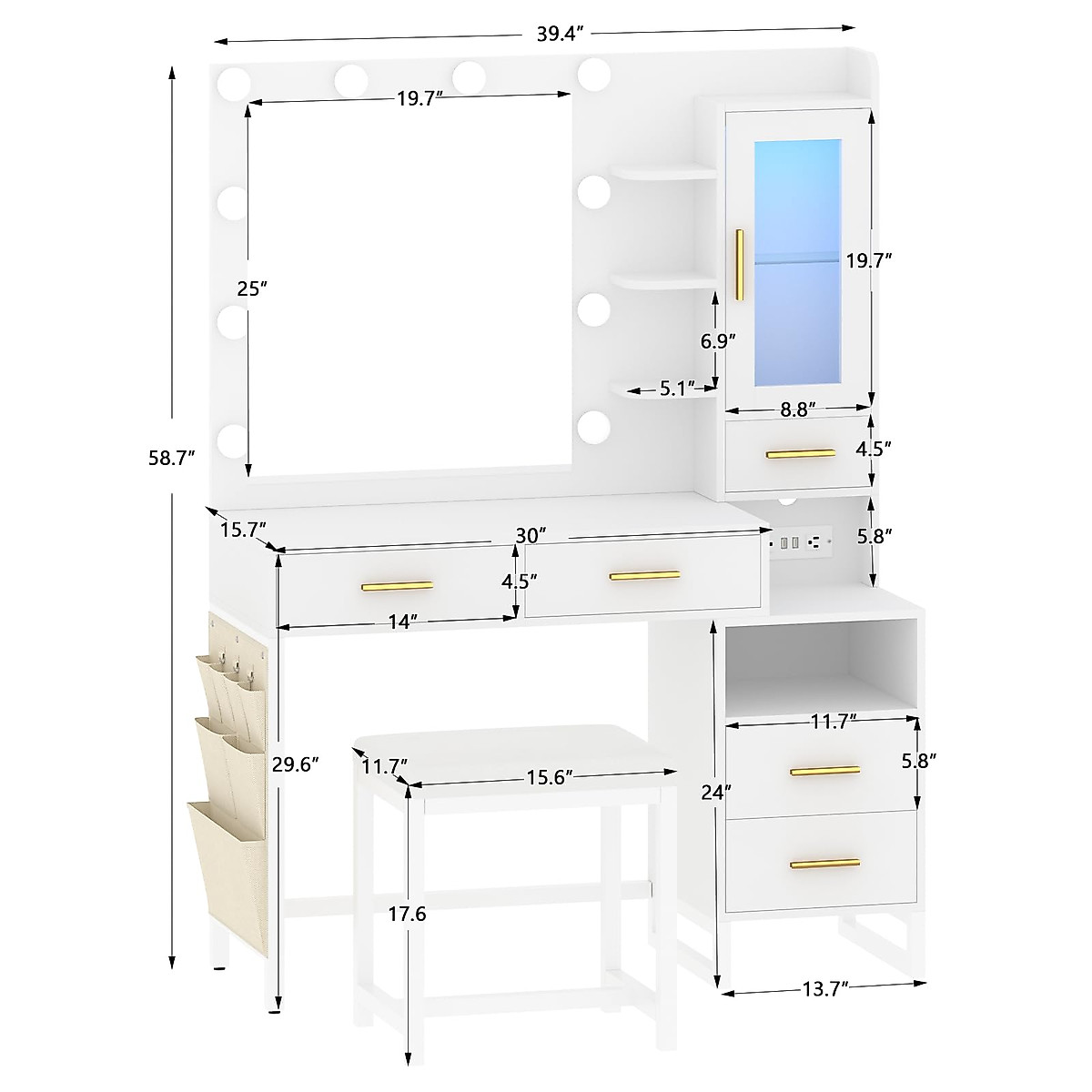 CSZZD Makeup Vanity Desk with Mirror and Lights, White Vanity Table Set with Charging Station, LED Cabinet, 5 Drawers & Storage Bag, 3 Lighting Modes, Bedroom Vanity Mirror with Lights Desk and Chair