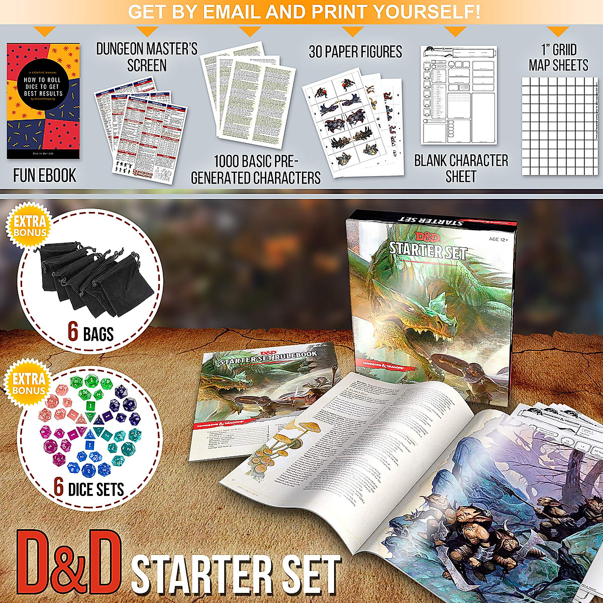 Dungeons and Dragons 5th Edition Starter Set with DND Dice and Complete Printable Starter Kit - Popular DND Rolling Board Game Fifth Edition - D&D 5e Beginner Gift Set - Adult Magic Pack