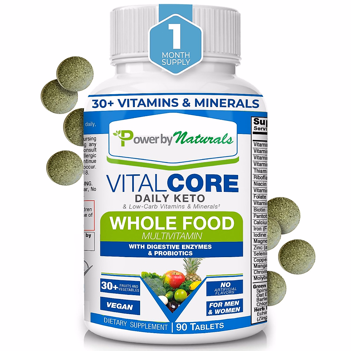Power By Naturals Vital Core Daily Keto Whole Food Multivitamin for Women & Men | Supports Energy, Tiredness, & Keto Sickness, Digestive Enzymes, Probiotics Whole Food Vitamins & Minerals | 90 Tablets