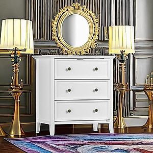 IKENO Nightstand with 3 Drawers and Charging Station, Solid Wood Dresser Organizer for Bedroom