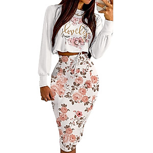 Aniywn Women's Casual 2 Pieces Outfits Solid Long Sleeve Crop Top Printing Bodycon Midi Skirt Dress Tracksuits Set
