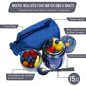 NicePix Insulated Stainless Steel Metal Food Jar with Travel Bag, Foldable Steel Spoon, Bowl. Leak proof wide mouth Insulated Steel Vacuum Food Jar for travel work