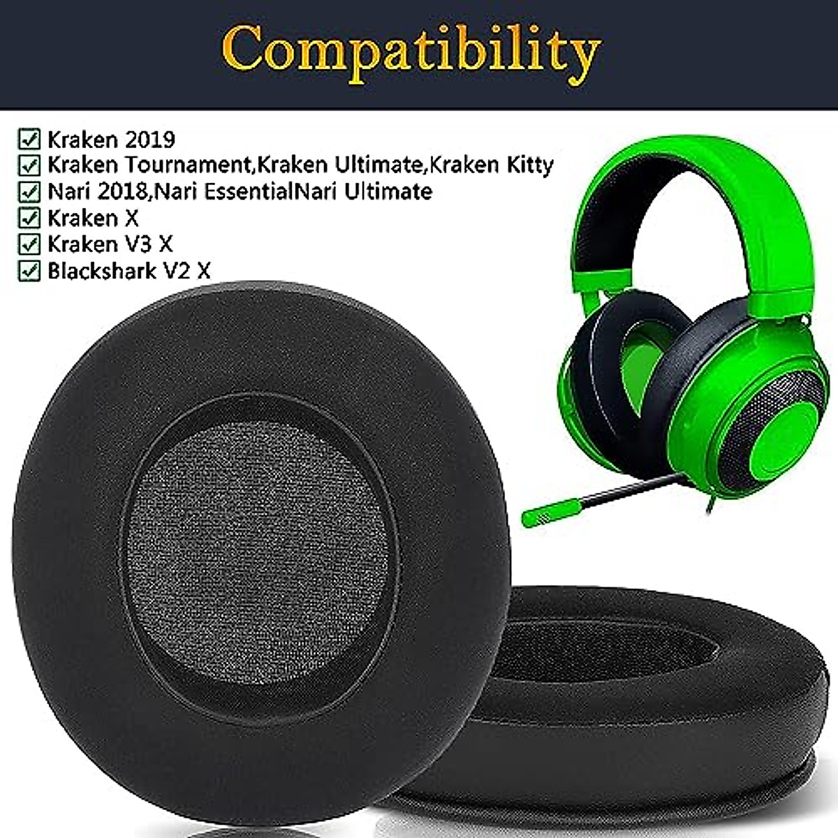 SOULWIT Cooling-Gel Ear Pads Cushions Replacement, for Razer Kraken 2019/Tournament Edition/Ultimate/Kitty, Earpads for Nari/Essential/Ultimate, Blackshark V2 X, Kraken X/V3 X Headset-Matte Black