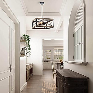 LNC Farmhouse Chandelier, Rustic Wood Cage Square Light Fixture for Dining & Living Room, Bedroom, Foyer, Entryway and Kitchen Island,Brown