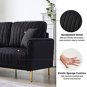 CALABASH Velvet Loveseat Sofa, 55" Modern Upholstered Channel Tufted Small Love Seat 2 Seater Couch with 2 Pillow & Gold Legs for Small Spaces,Living Room, Bedroom(Black).