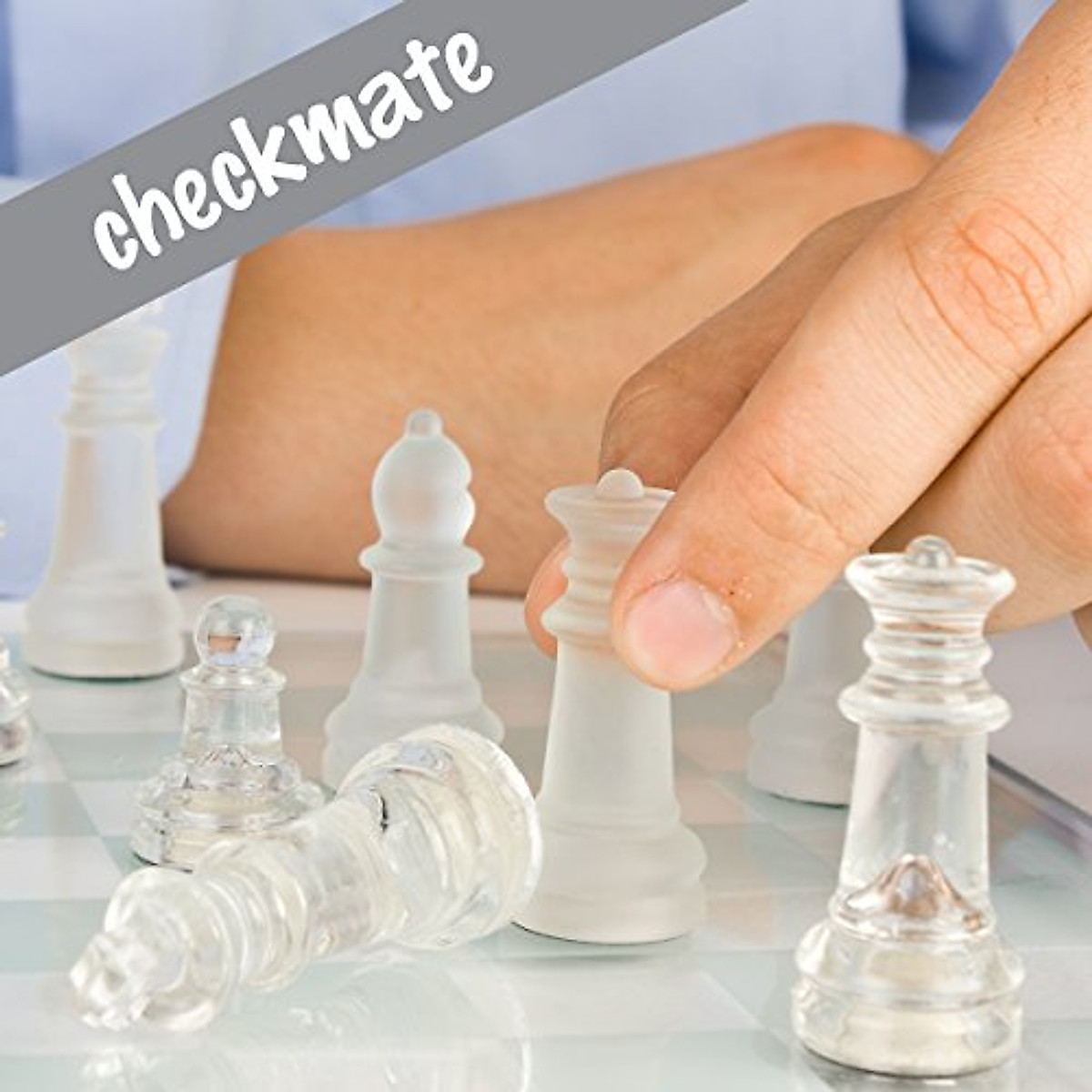 Gamie Glass Chess Set, Elegant Design - Durable Build - Fully Functional - 32 Frosted and Clear Pieces - Felted Bottoms - Easy to Carry - Reassuringly Stable (10 Inch)