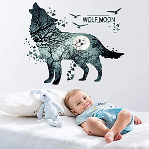 AMODA 3D Galaxy Outer Space Wall Decor,Self-Adhesive Wolf and Moon Sofa Backdrop TV Background Wall Decors,Creative Broken Wall Art Mural for Teen Bedroom Living Room Nursery Playroom