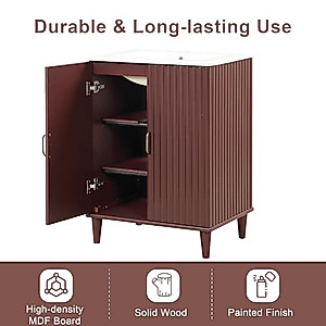 Tomkate 24 Inch Bathroom Vanities with Sink, Freestanding Bathroom Vanity with Ceramic Single Sink Combo, Modern Undermount Bathroom Sink Cabinet with Two Doors, Adjustable Shelves (Rosy)